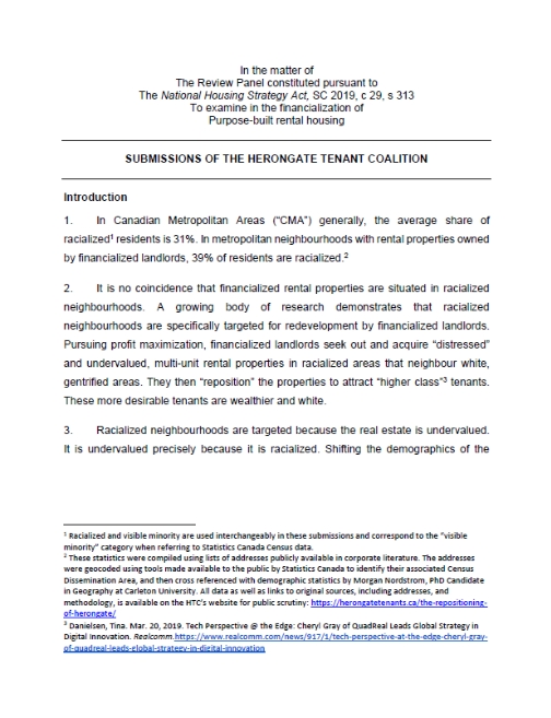 NRHN - Written Submissions to the Financialization Review Panel