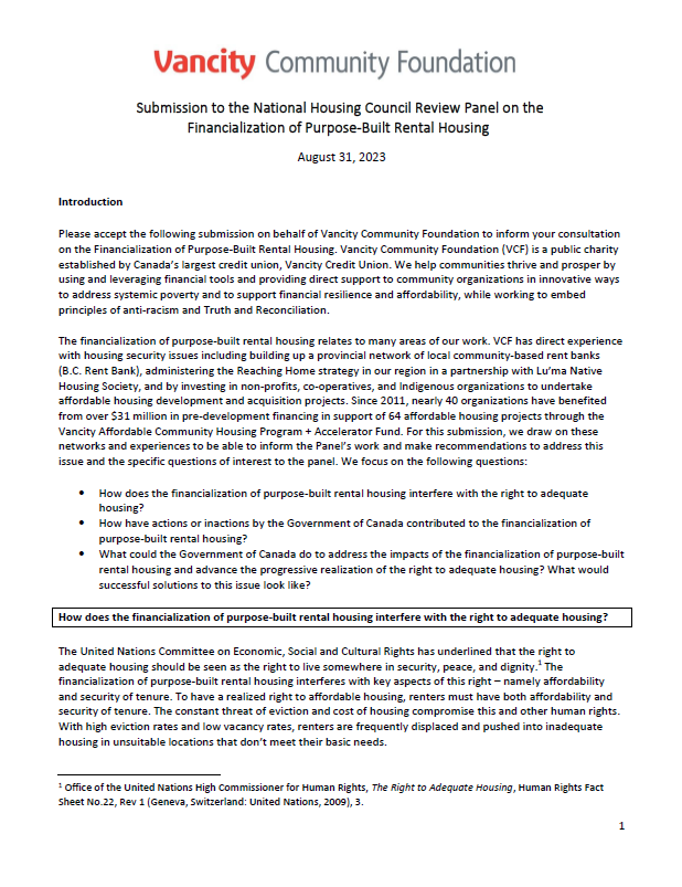 NRHN - Written Submissions to the Financialization Review Panel